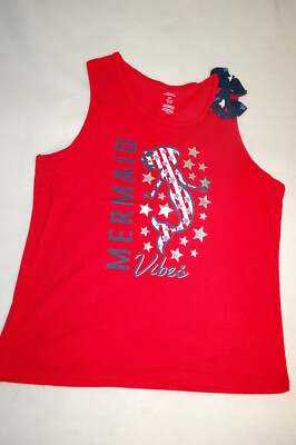 Girls RED TANK TOP Americana MERMAID VIBES Bow Accnt STARS Stripes XL ...