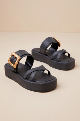 Women's Black Summery Woven Straw Buckle Flatform Slide Sandals | eBay