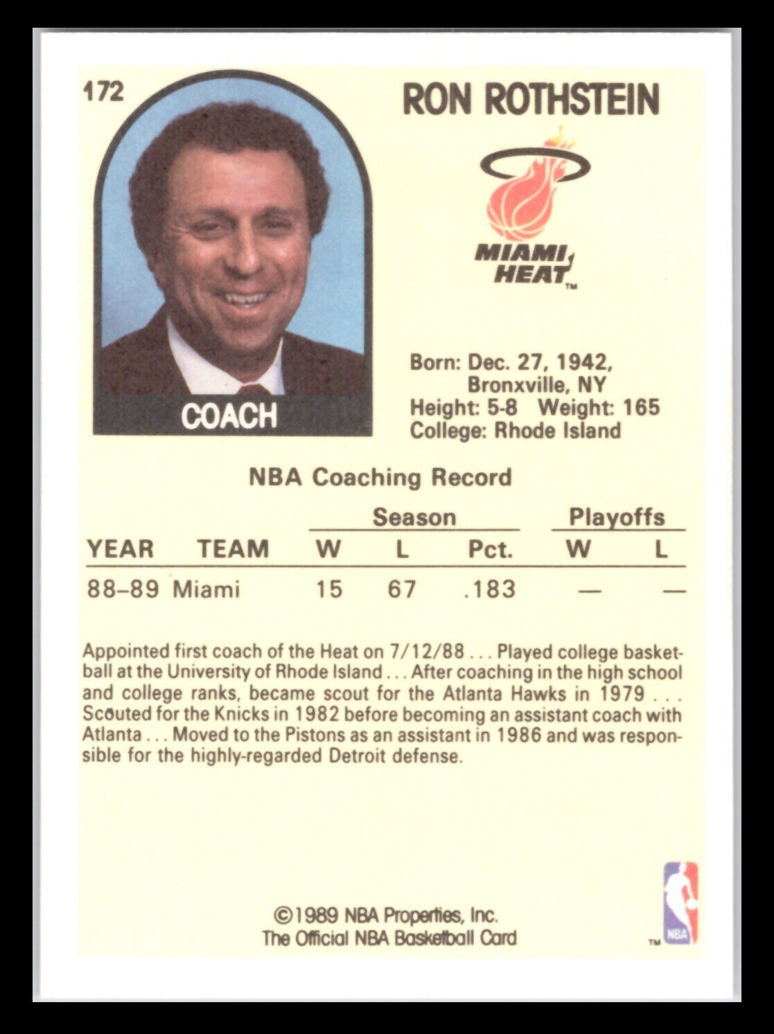 1989-90 NBA HOOPS - Head Coach Trading Card - RON ROTHSTEIN #172 😎 ...
