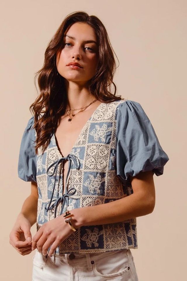 SO ME Crochet Lace Tie Front V Neck Blouse Top | eBay