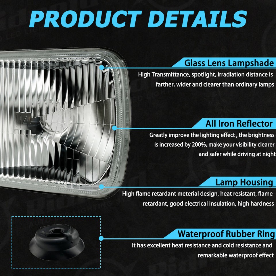 7x6 Glass Lens Headlight Conversion Kit 5x7 to H4/9003 Bulb Type ...