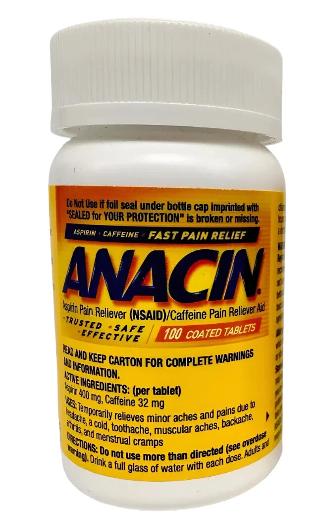 Anacin Aspirin Caffeine Pain Reliever & Aid Fast Relief Tablets 100ct ...