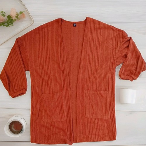 NEW Shein Curve Cardigan Sweater Open Stretchy Knit Pockets Rust Color ...