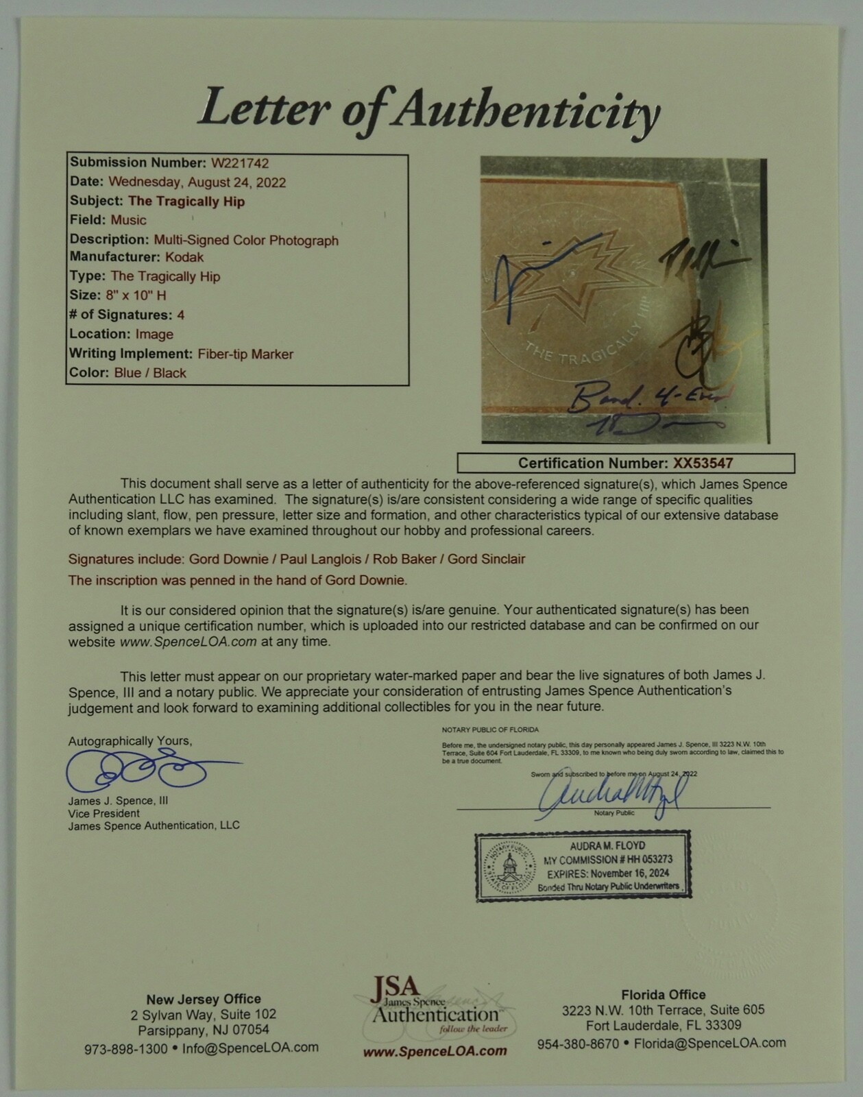 The Tragically Hip JSA Signed Autograph Gord Downie 8 x 10 Photo REAL ...