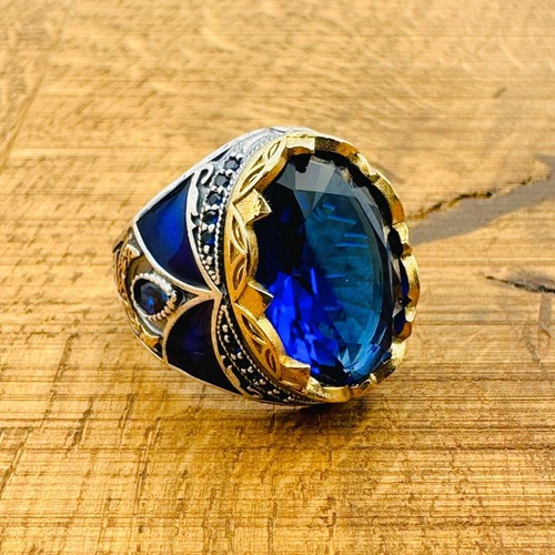 Sapphire Stone Ring Mens, Blue Oval Gemstone Ring, 925k Sterling Silver ...