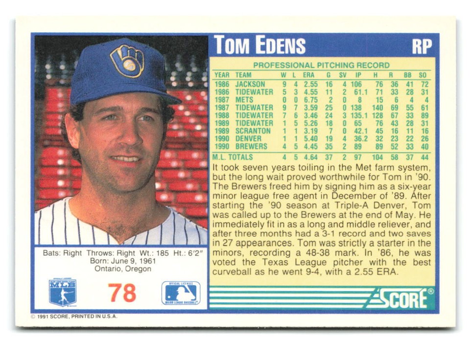 1991 Score Tom Edens Rookie #78 Milwaukee Brewers BASEBALL Card | eBay