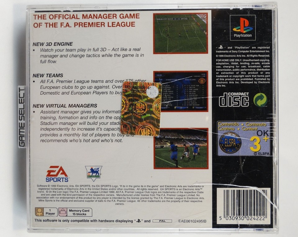 THE F.A. PREMIER LEAGUE FOOTBALL MANAGER 2000 PLAYSTATION 1 2 3 PS1 PAL ...