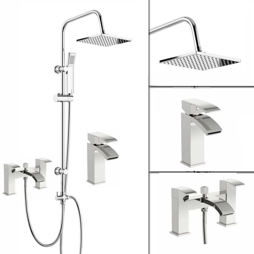 3 Way Square Shower Rigid Riser Kit Waterfall Bath Shower Mixer Tap ...