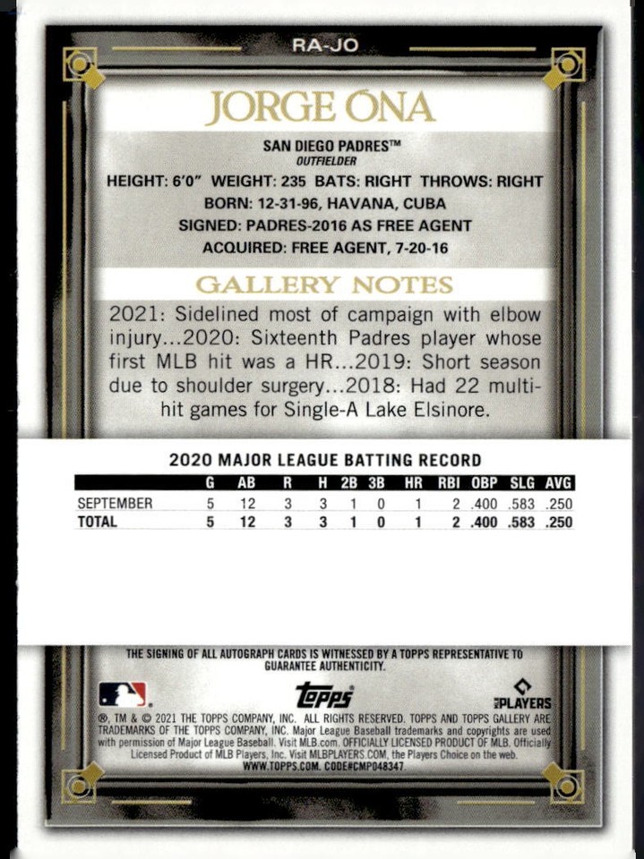 2021 Topps Gallery #RA-JO Jorge Ona Rookies Autographs San Diego Padres ...