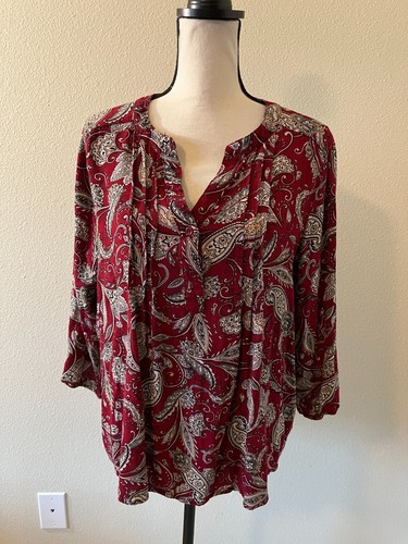 FUN2FUN Women Size XL Red Paisley V Neck 3/4 Sleeve Blouse | eBay