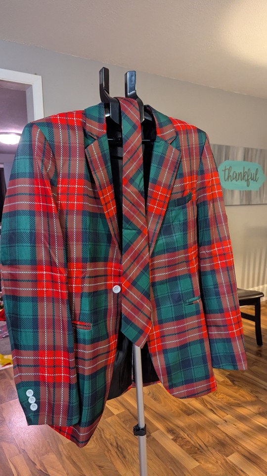 Ugly Christmas Blazer Suit Jacket Coat Plaid/Tie Red Green Holiday ...