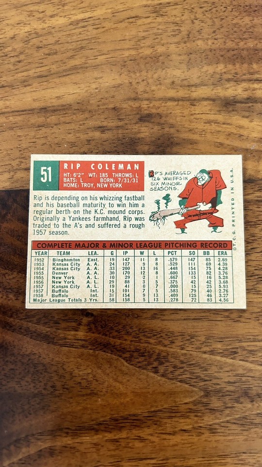 1959 Topps Set-Break # 51 Rip Coleman Kansas City Athletics EX | eBay