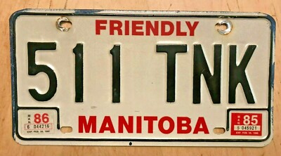1985 1986 FRIENDLY MANITOBA CANADA AUTO LICENSE PLATE " 511 TNK " MB 85 ...