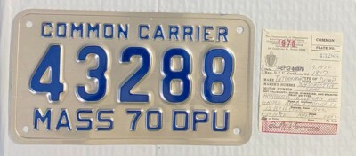 Massachusetts 1970 COMMON CARRIER DPU License Plate & PLATE CERTIFICATE ...