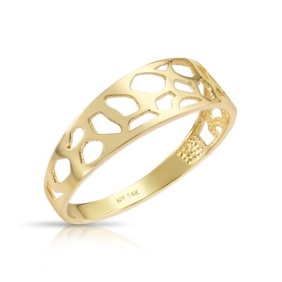 14K Real Solid Yellow Gold Drizzle Openwork Minimalist Promise Wedding ...