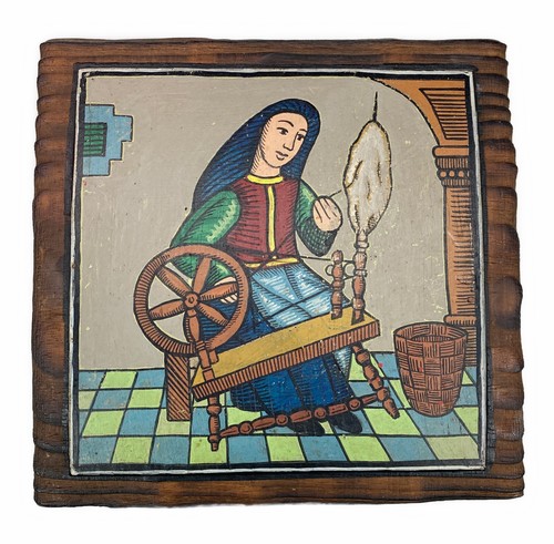 Medieval Spinning Wheel Painted Wood Picture Plaque Sign Art Folk Art ...