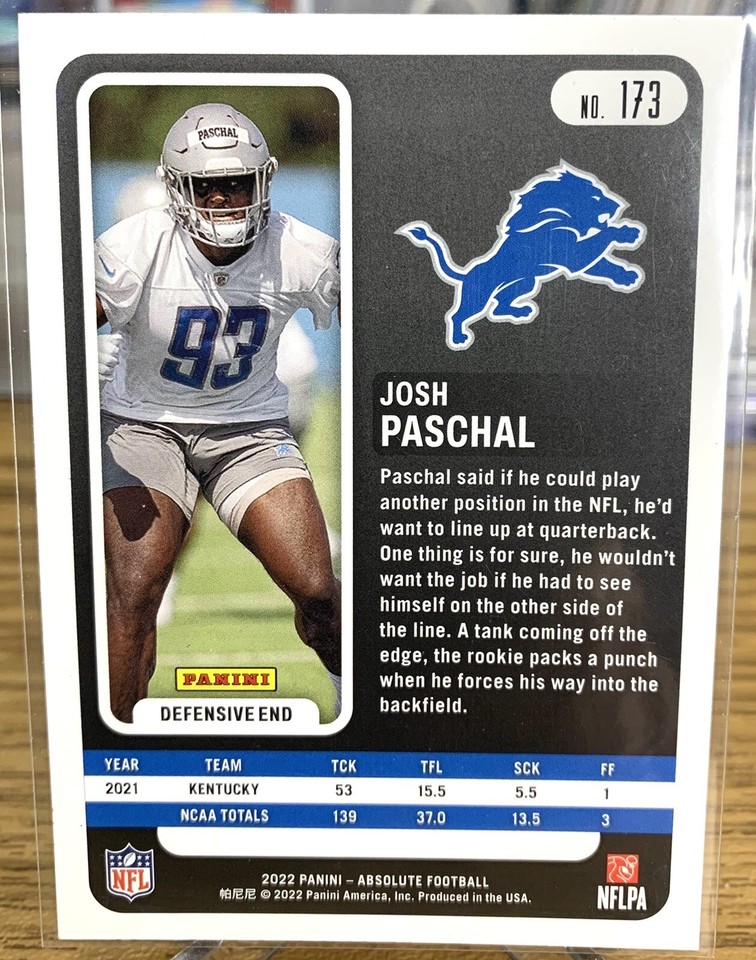Josh Paschal RC ‘22 Absolute Football #173 Red White Blue Detroit Lions ...