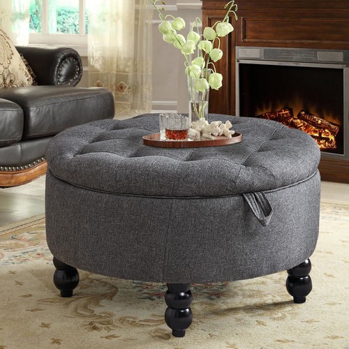 Round Ottoman Coffee Table Fabric Upholstered Storage Box Stool ...