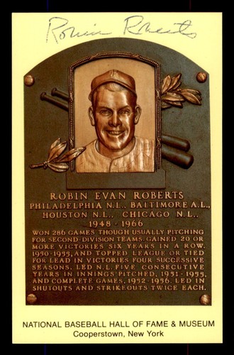 ROBIN ROBERTS Signed Gold HOF Plaque Postcard Yellow PHILLIES Autograph ...