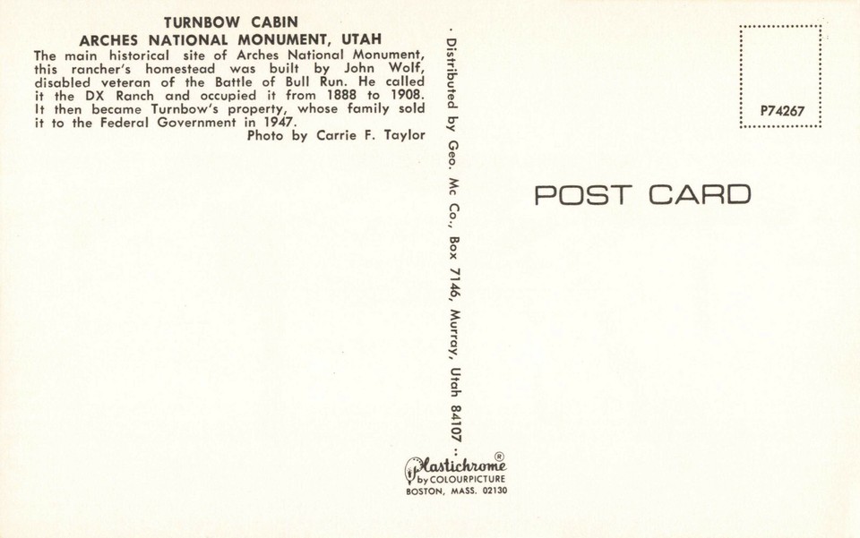 Postcard Turnbow Cabin Arches National Monument Utah | eBay