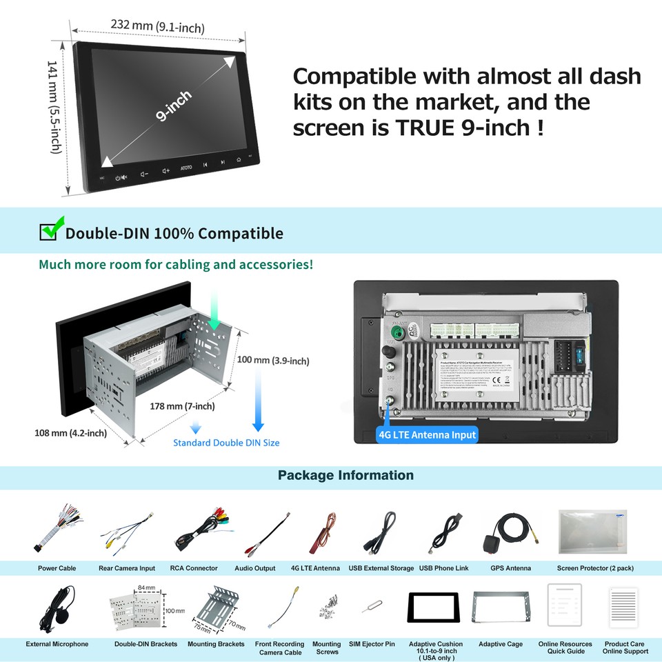 ATOTO 9in 2DIN Car Stereo 128GB Wirelss Carplay Android Auto GPS+HD ...
