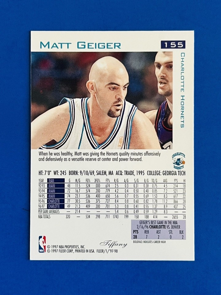 1997-98 Fleer Tradition Matt Geiger Hornets Blue Tiffany Parallel Card ...