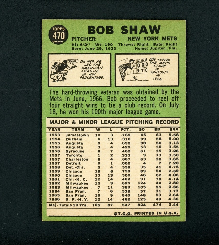 Bob Shaw 1967 Topps - New York Mets #470 NM-MT+ | eBay