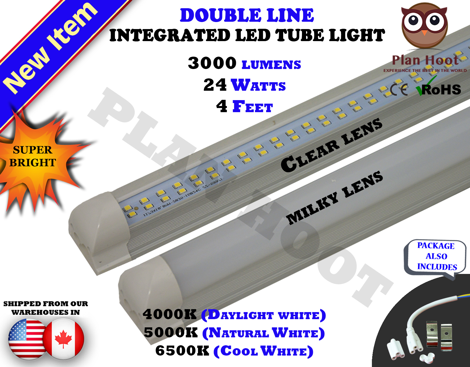 4 FT Integrated 24WT T8 CLEAR MILKY LENS Double Line LED 4000K 5000K ...