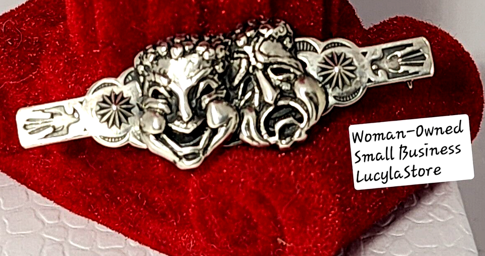 1.8in Antique VINTAGE COMEDY TRAGEDY THEATRE MASK Sterling Silver 925 ...