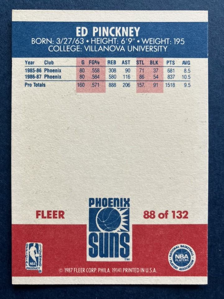 1987-88 FLEER BASKETBALL #88 ED PINCKNEY ROOKIE CARD Phoenix Suns NEAR ...