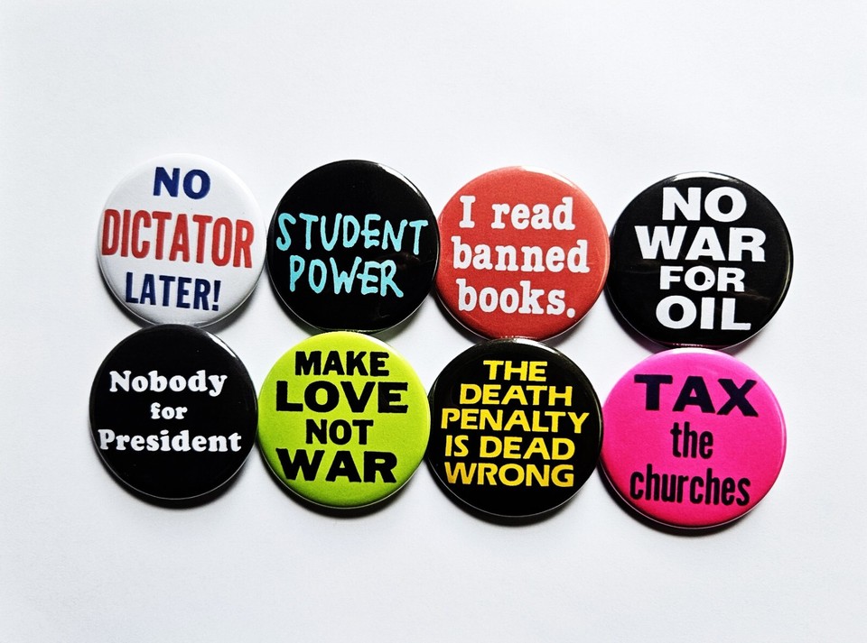 Vintage Reproduction Protest Pinback Buttons Magnets & Bottle Openers ...