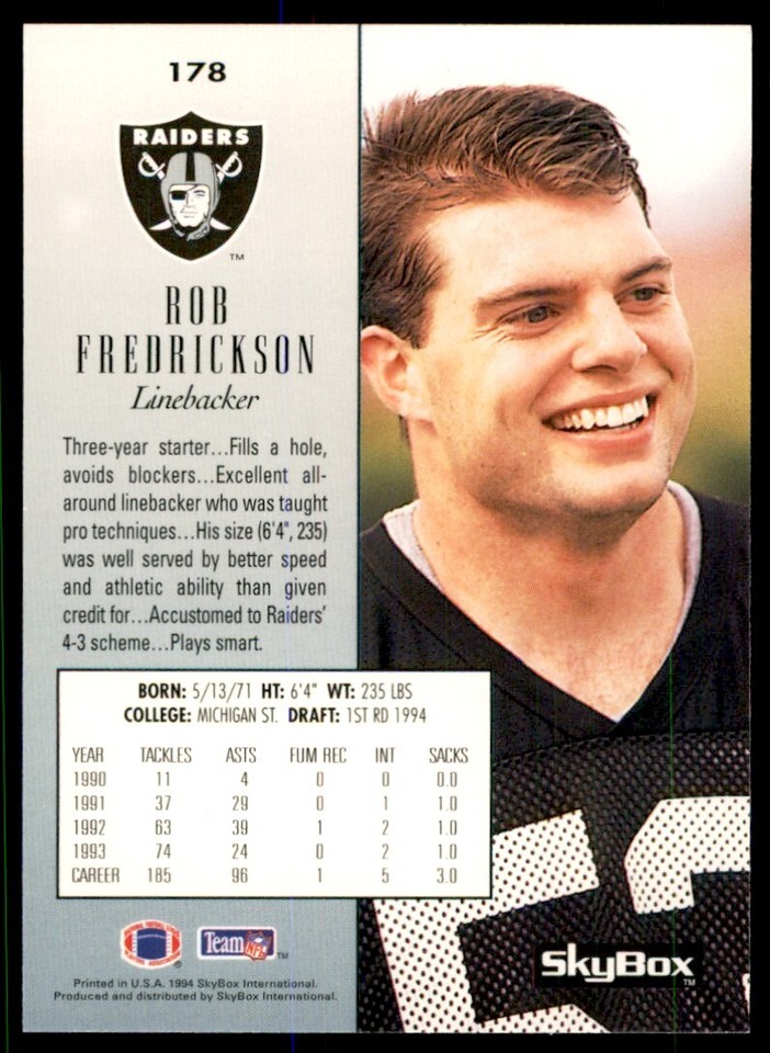 1994 Skybox. Rob Fredrickson Rookie Los Angeles Raiders #178 | eBay