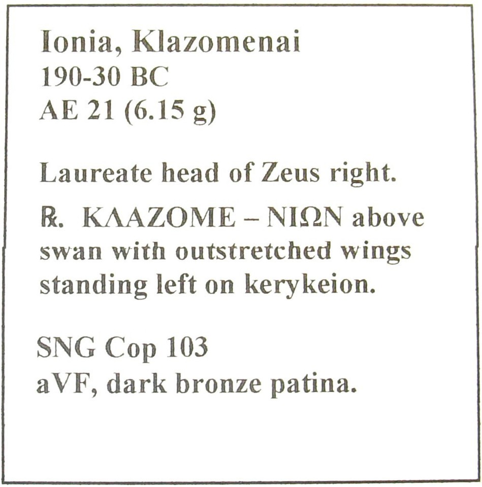 Ionia, Klazomenai, AE 21, 190-30 BC, Zeus / Swan, aVF | eBay