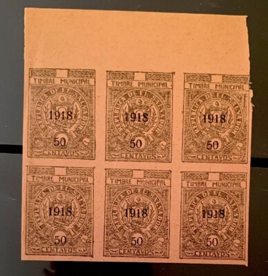 El Salvador Revenue 1918 Municipal Stamp OVPT 50c Imperf B9/15 Block 6 ...