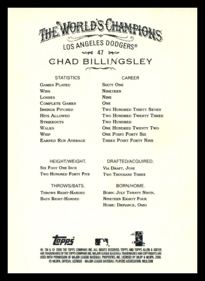 2008 Topps Allen & Ginter #47 Chad Billingsley Los Angeles Dodgers | eBay