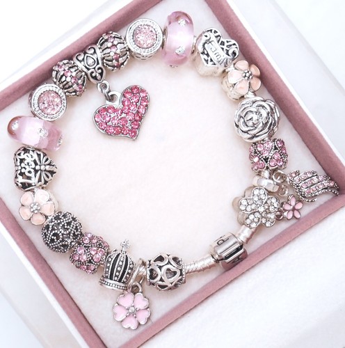 PANDORA SILVER CHARM BRACELET WITH PINK CRYSTAL HEART LOVE FAMILY CHARMS & BOX! | eBay