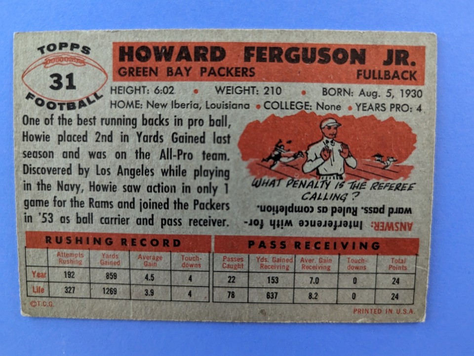 Topps Football 1956 - #31 Howard Ferguson, Jr., Green Bay Packers | eBay