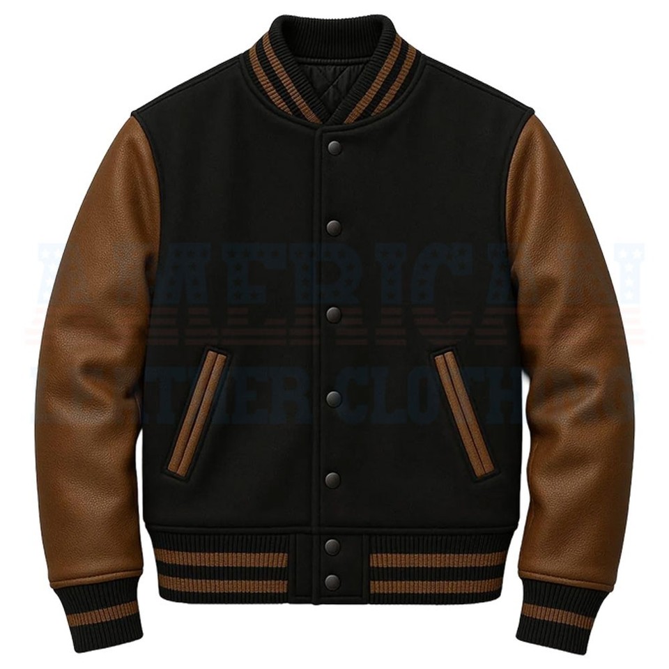 Handmade Mens Varsity Jacket Black Brown Leather Sleeves Classic ...