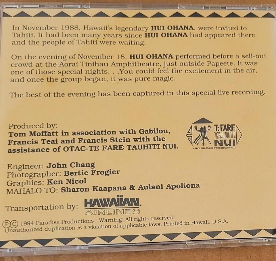 Hawaiian Music CD Hui Ohana Live Tahiti Come On Over led ka'apana | eBay