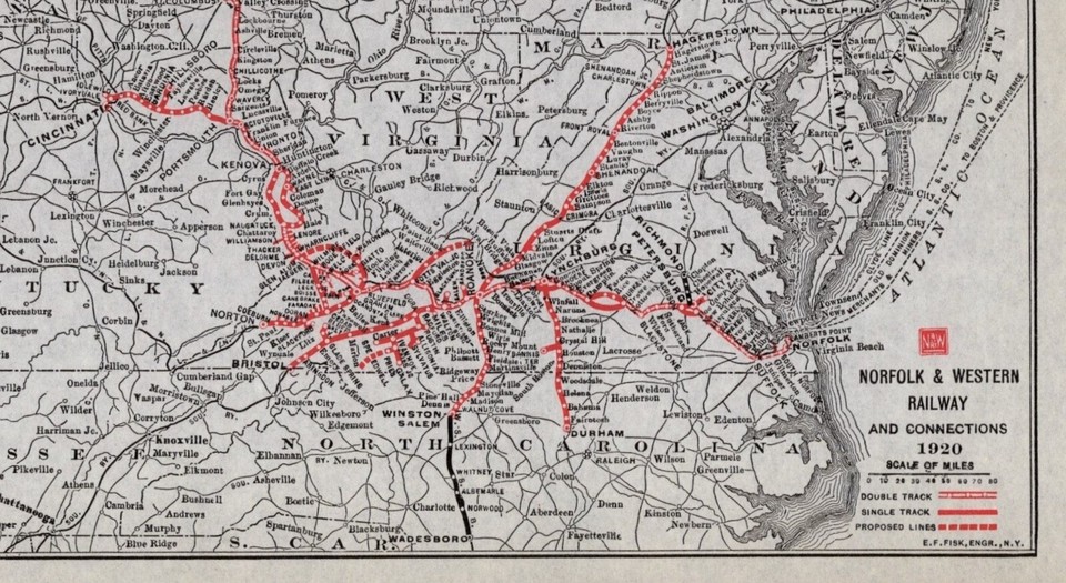 1920 Antique NORFOLK and WESTERN Railway Map Vintage Railroad Map 540 ...
