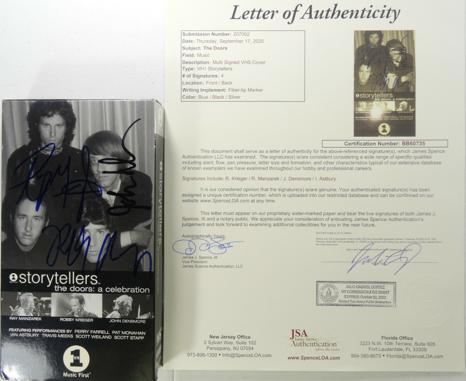 SIGNED THE DOORS VH1 LIVE VHS TAPE AUTOGRAPHED CERTIFIED AUTHENTIC JSA ...