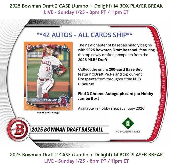 Tyler Bremner 2025 Bowman Draft Jumbo/Delight 2 CASE 14 Box PLAYER ...