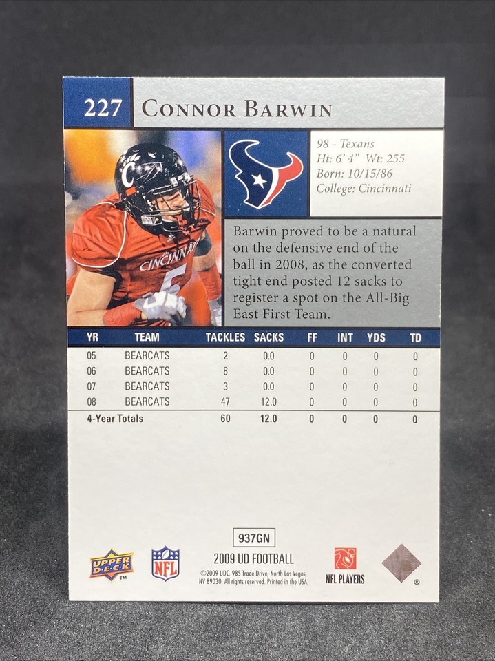 CONNOR BARWIN 2009 Upper Deck Football RC Star Rookie #227 TEXANS ...