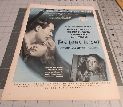 1947 The Long Night Movie Ad, Henry Fonda & Barbara Bel Geddes | eBay