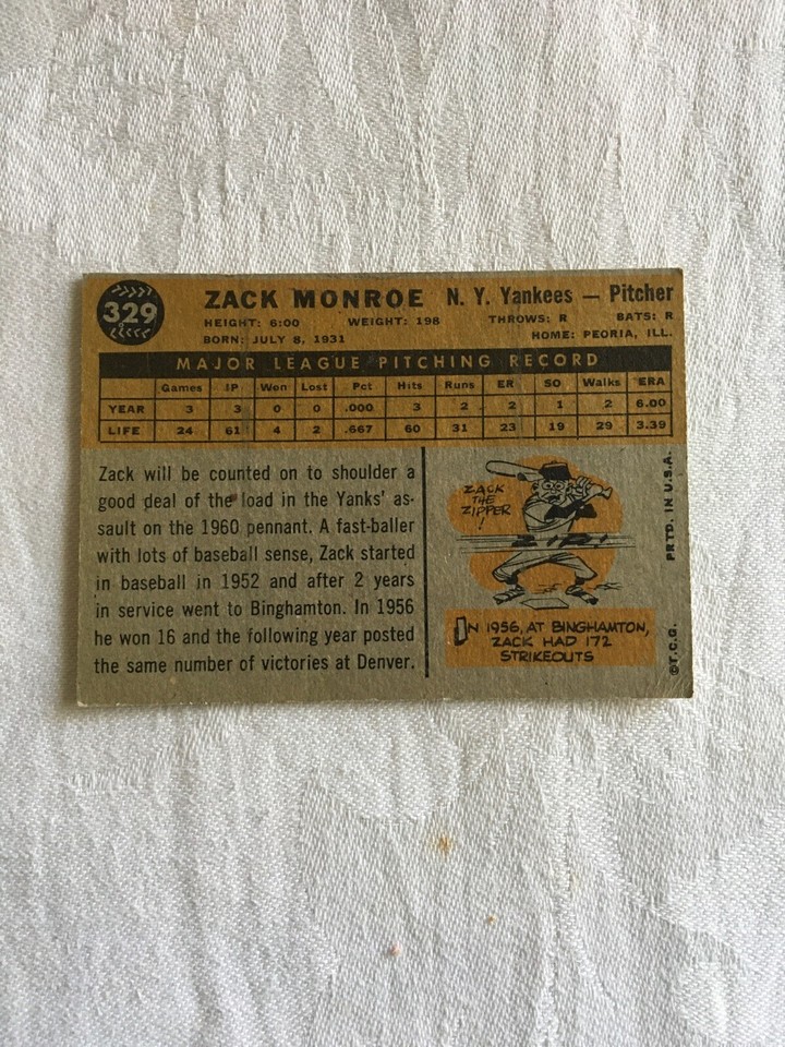1960 TOPPS BASEBALL ZACK MONROE EX-MT/NM #329 NEW YORK YANKEES | eBay
