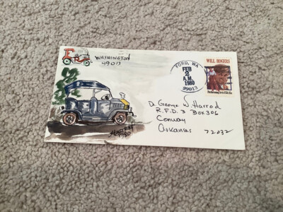 1980 FORD, Washington: Signed FOLK ART WATERCOLOR Postal Cover GEORGE ...