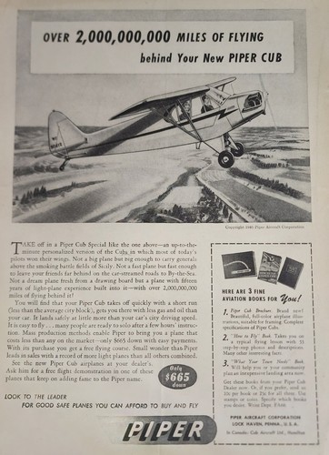 Piper Cub Aircraft Plane Magazine Ad Picture Advertisement Vintage Art ...