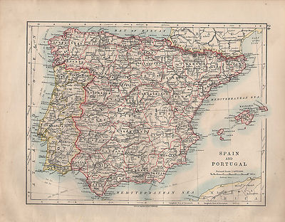 1914 MAP ~ SPAIN & PORTUGAL ~ BALEARIC ISLANDS GRANADA LEON BARCELONA ...