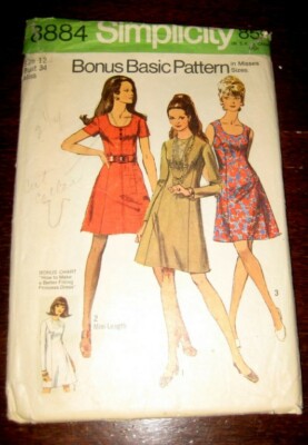 VINTAGE PATTERN 1970 SIMPLICITY 8884 SZ 12 PRINCESS DRESS 2 NECKLINES ...