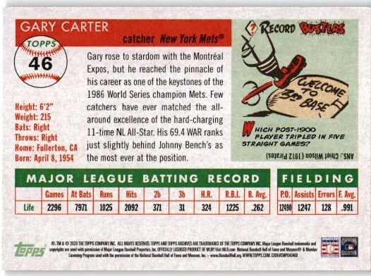 GARY CARTER 2020 Topps Archives 1955 Design #46 Mets HOF | eBay